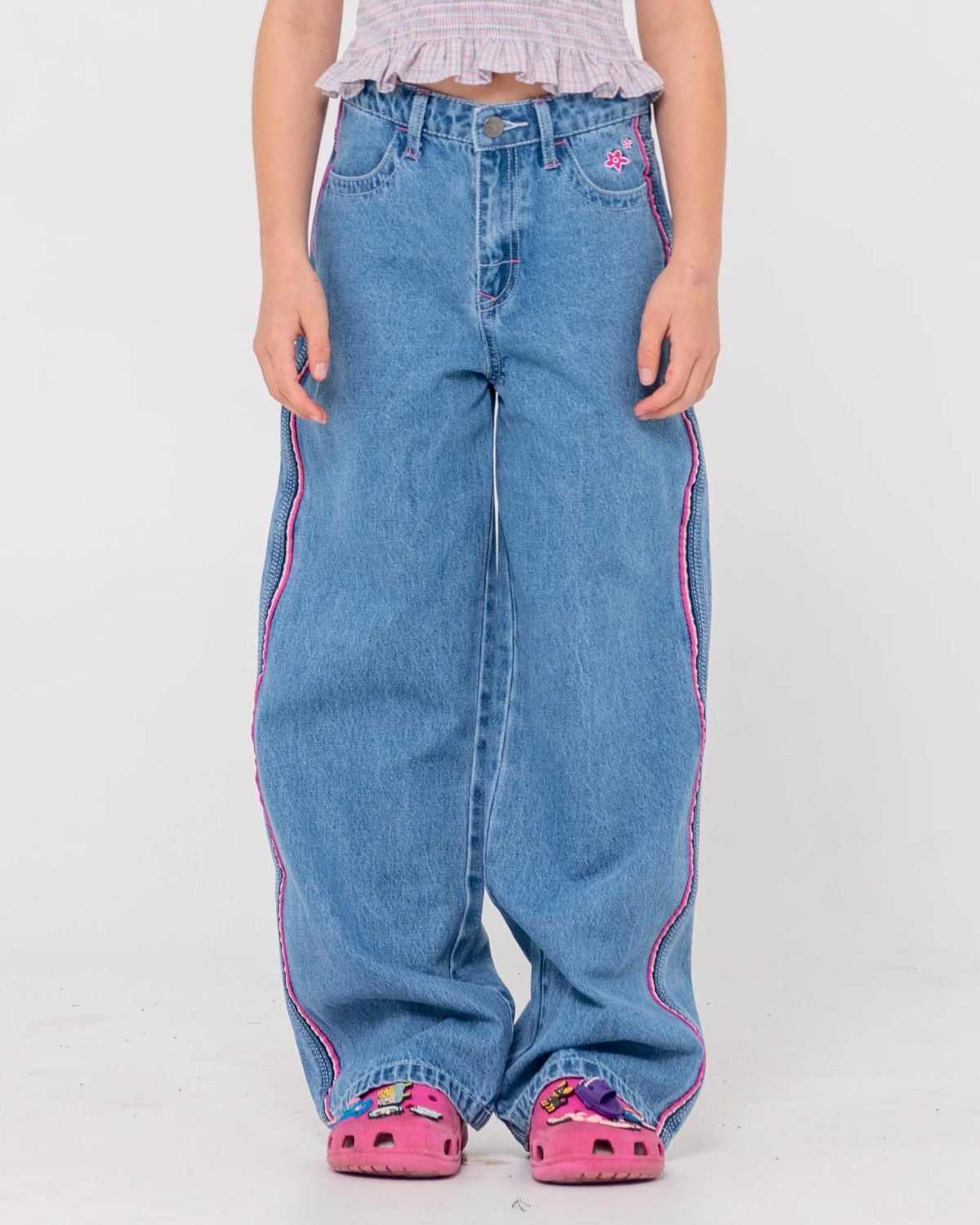 Girls Flip Low Rise Jean in Middy Blue/Pink | Chances Surf NZ
